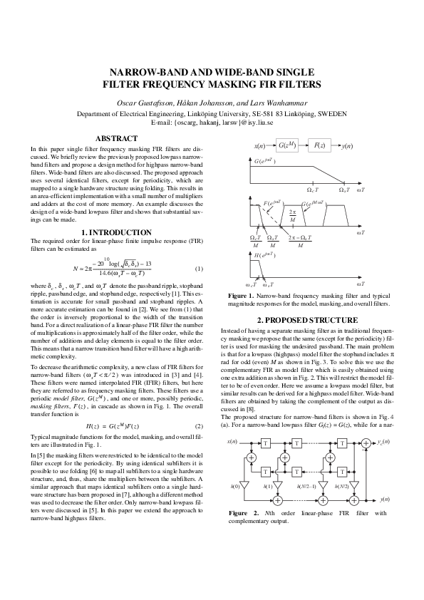 (PDF) Narrow-band and wide-band single filter frequency masking FIR filters
