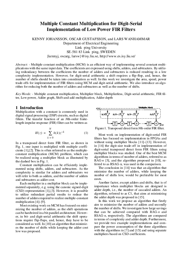 (PDF) Multiple constant multiplication for digit-serial implementation of low power FIR filters