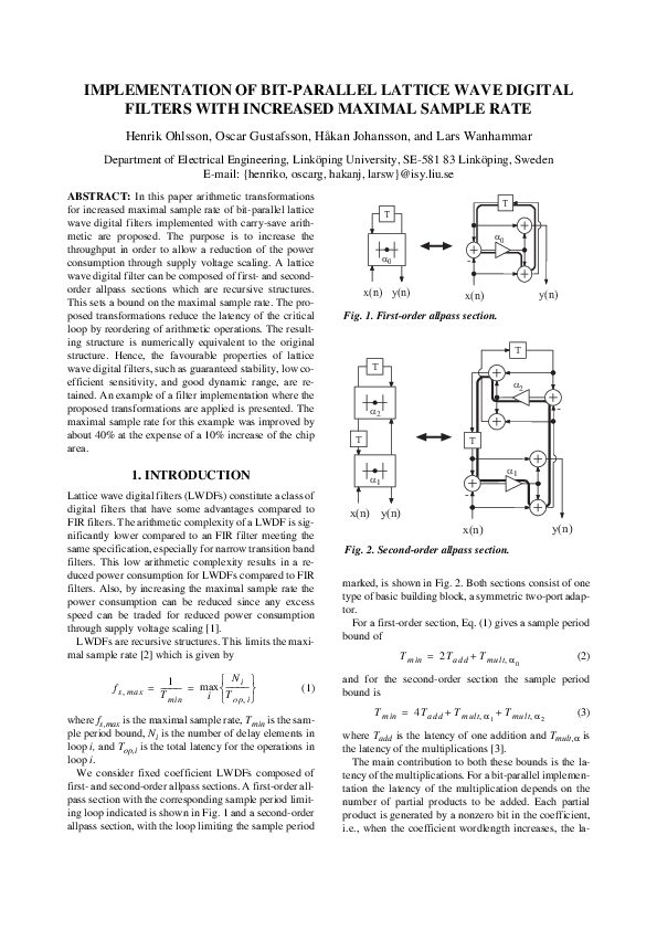 Pdf Implementation Of Bit Parallel Lattice Wave Digital Filters With Increased Maximal Sample Rate