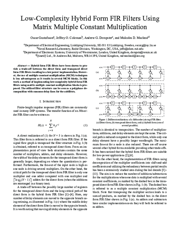 Pdf Low Complexity Hybrid Form Fir Filters Using Matrix Multiple Constant Multiplication