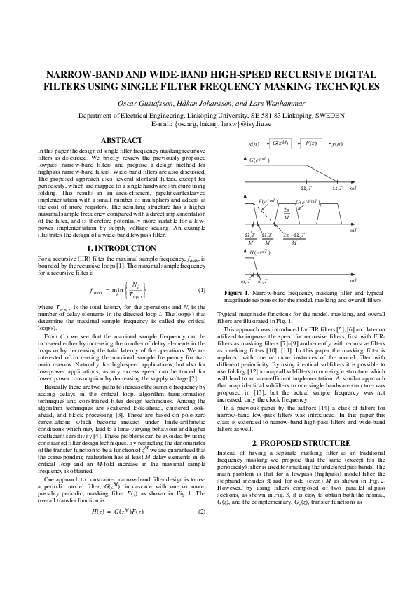 (PDF) Narrow-band and wide-band high-speed recursive digital filters using single filter ...