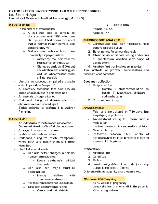 (PDF) CYTOGENETICS: KARYOTYPING AND OTHER PROCEDURES