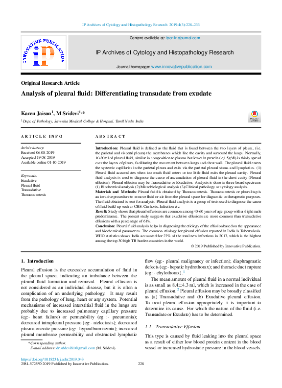 (PDF) Analysis of pleural fluid: Differentiating transudate from exudate