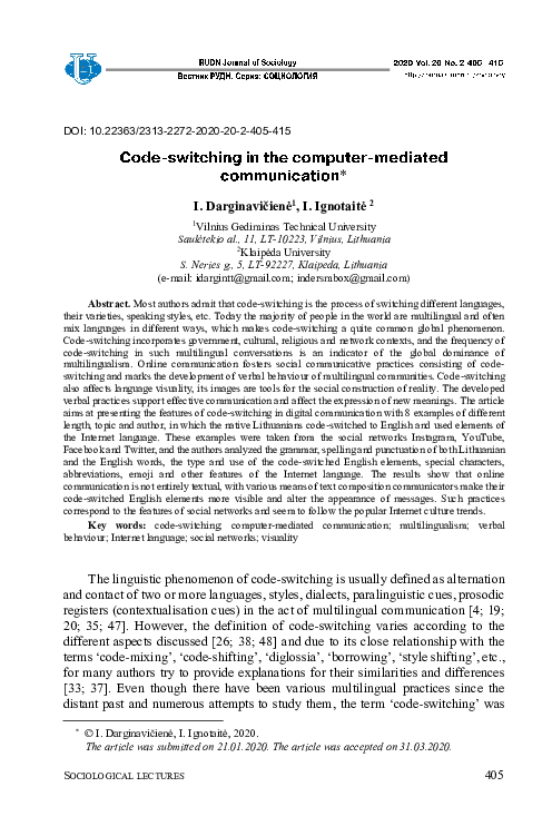 Pdf Code Switching In The Computer Mediated Communication