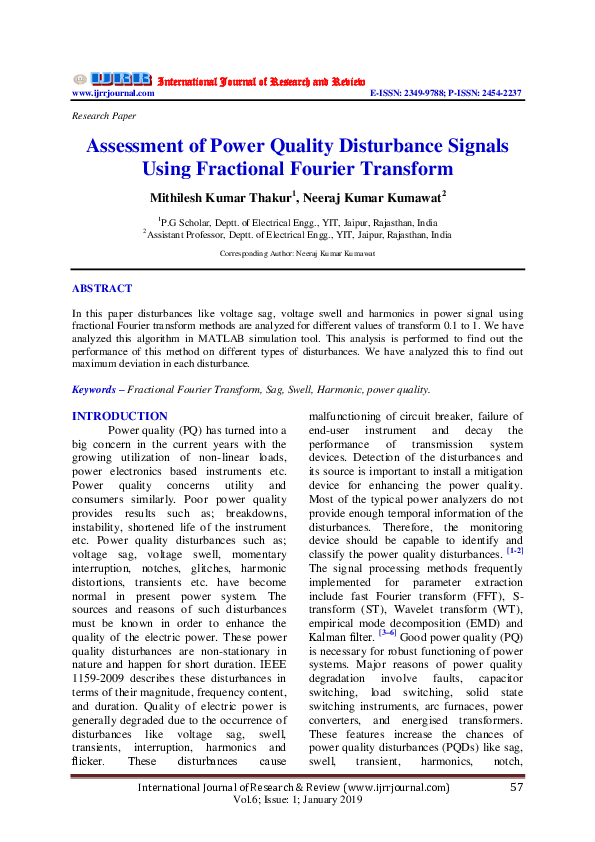 Pdf Assessment Of Power Quality Disturbance Signals Using Fractional Fourier Transform