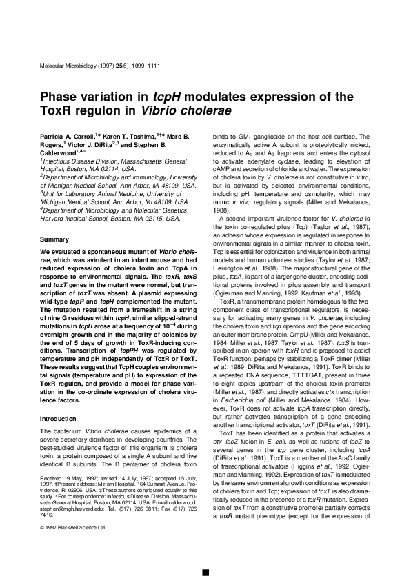 (PDF) Phase variation in tcpH modulates expression of the ToxR regulon ...