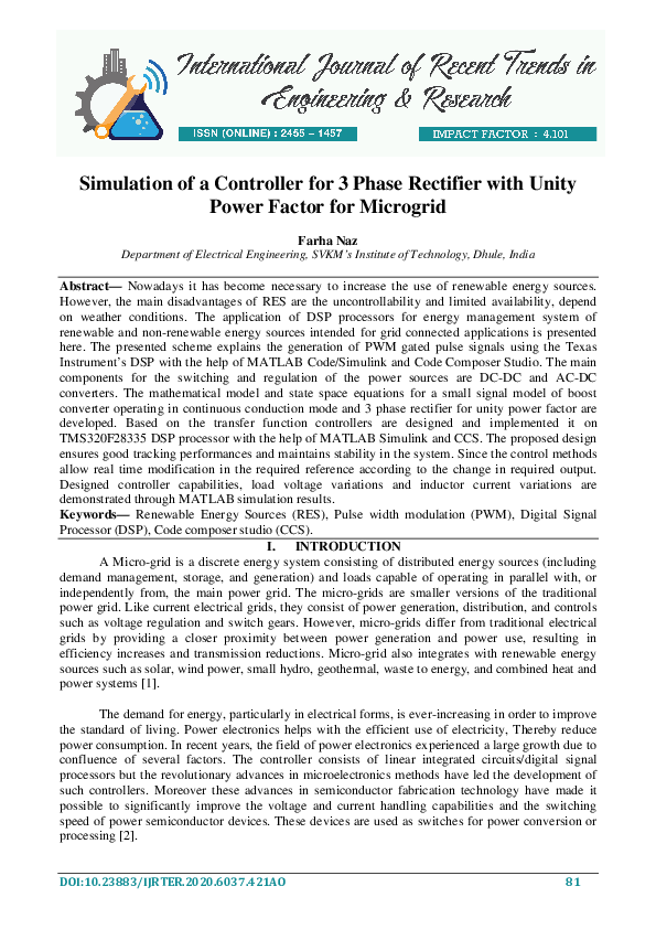 Pdf Simulation Of A Controller For 3 Phase Rectifier With Unity Power Factor For Microgrid