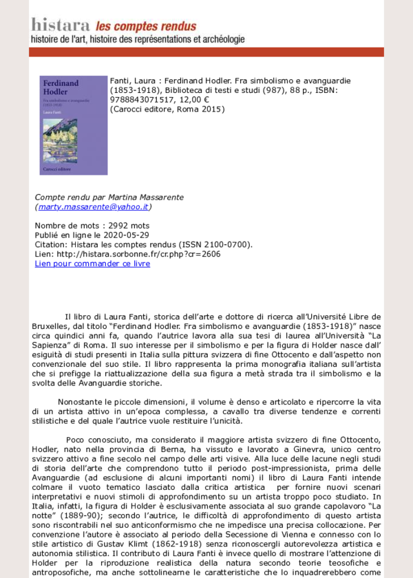 (PDF) Recensione a Laura Fanti, "Ferdinand Hodler (1853-1918), fra ...