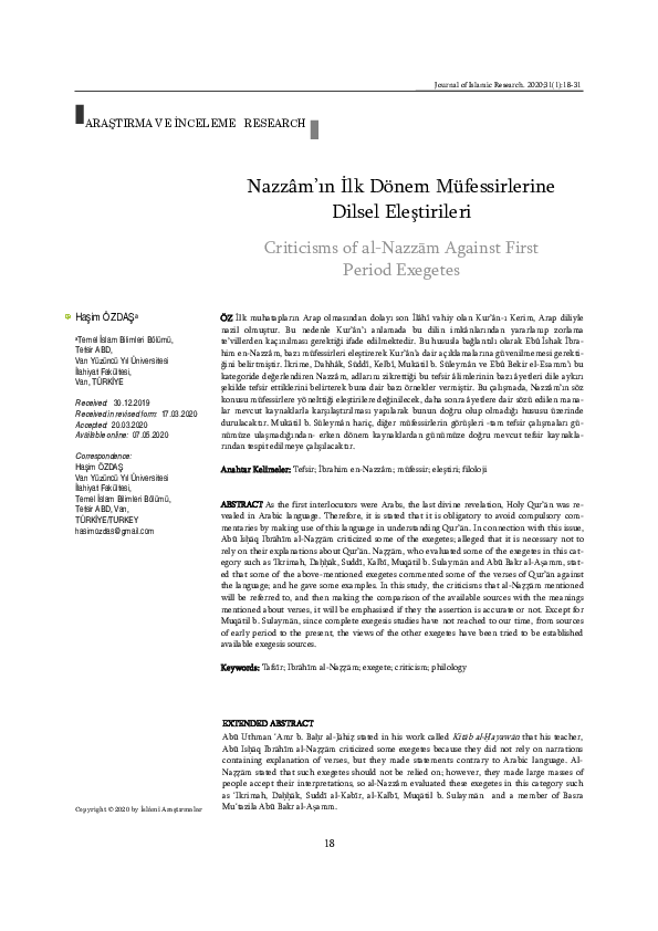 (PDF) Nazzâm'ın İlk Dönem Müfessirlerine Dilsel Eleştirileri Criticisms ...