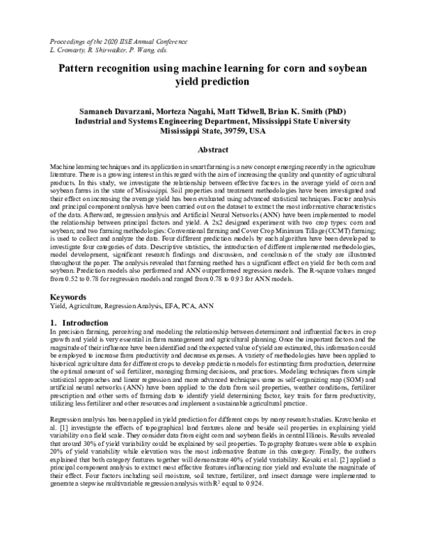 Pdf Pattern Recognition Using Machine Learning For Corn And Soybean Yield Prediction