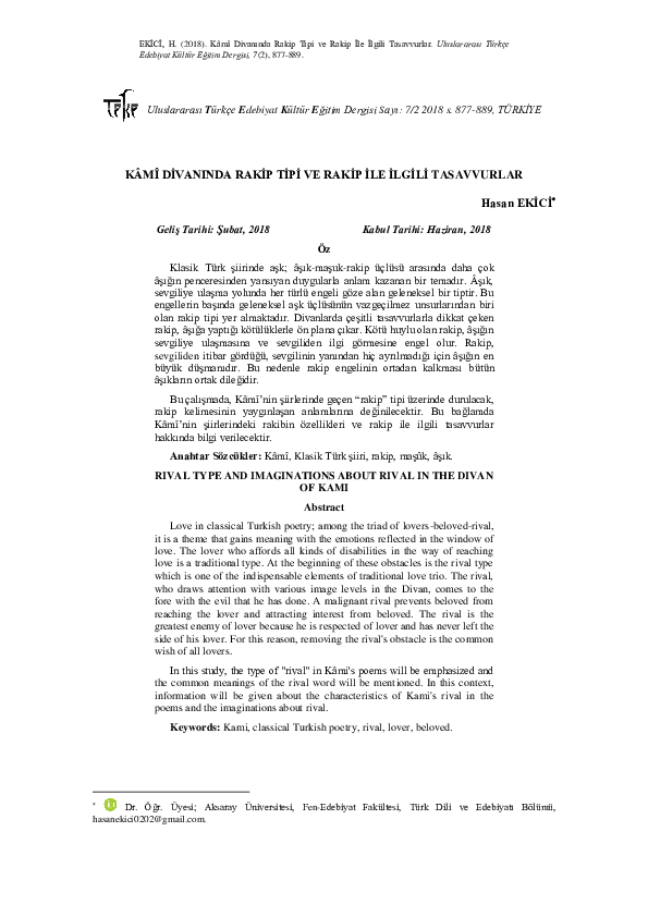 (PDF) Kâmî Divanında Rakip Tipi ve Rakip İle İlgili Tasavvurlar