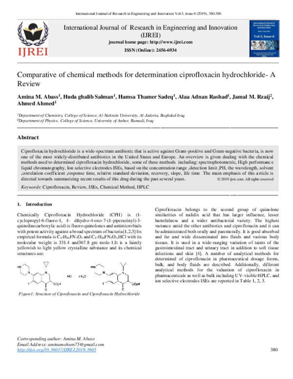 (PDF) Comparative of chemical methods for determination ciprofloxacin hydrochloride - A Review
