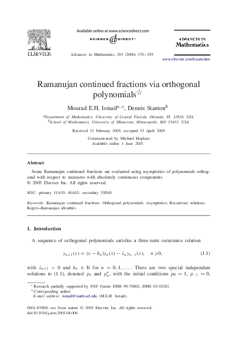 (PDF) Ramanujan continued fractions via orthogonal polynomials | Mourad Ismail - Academia.edu