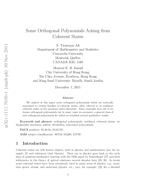 Pdf Some Orthogonal Polynomials Arising From Coherent States