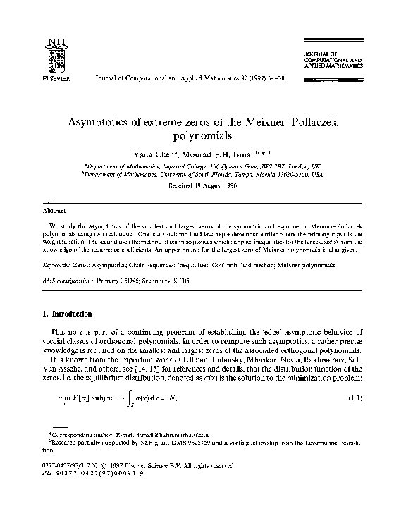 (PDF) Asymptotics of extreme zeros of the Meixner-Pollaczek polynomials