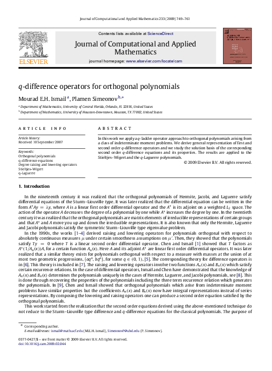 (PDF) Difference Operators for Orthogonal Polynomials
