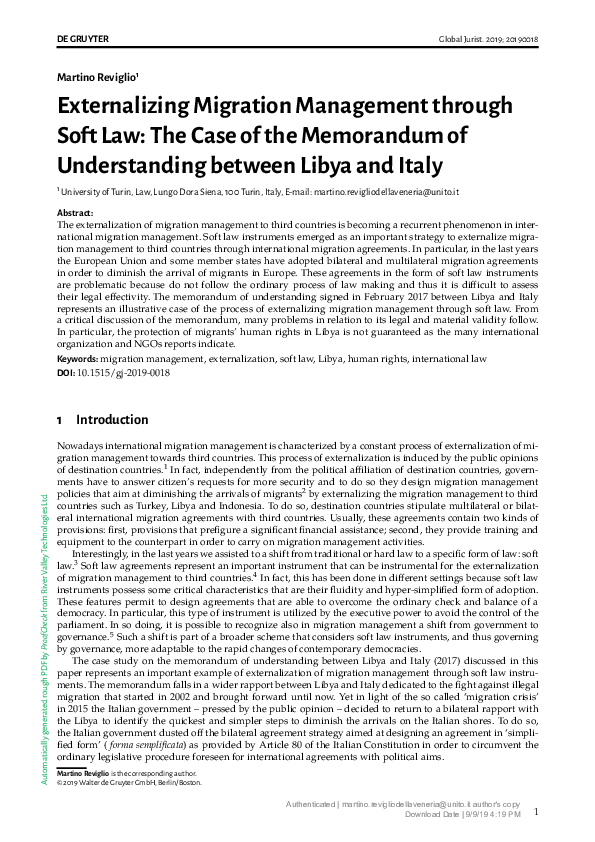 (PDF) Externalizing Migration Management through Soft Law- The Case of the Memorandum of ...