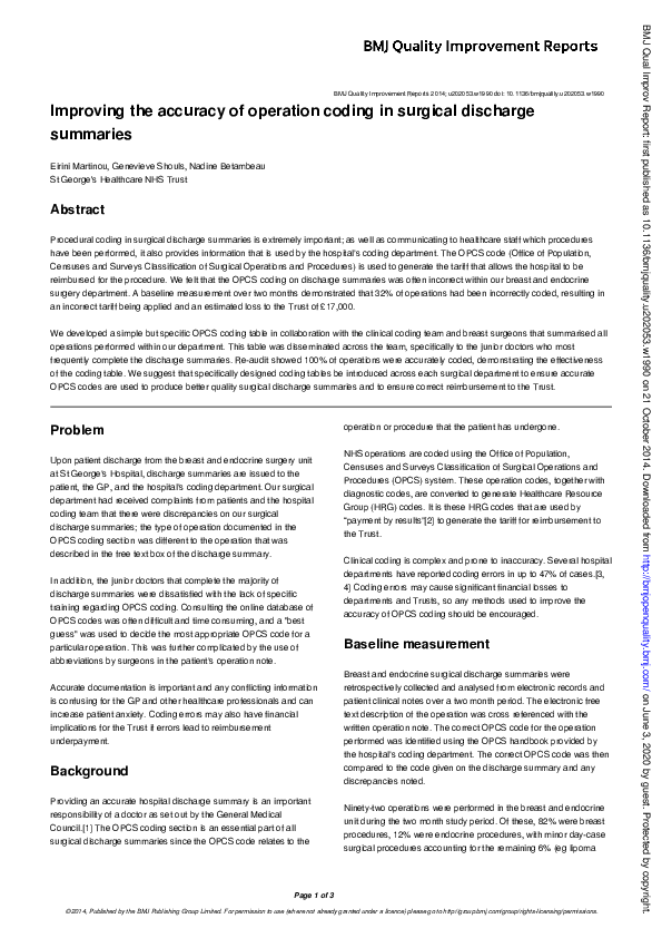 Pdf Improving The Accuracy Of Operation Coding In Surgical Discharge Summaries