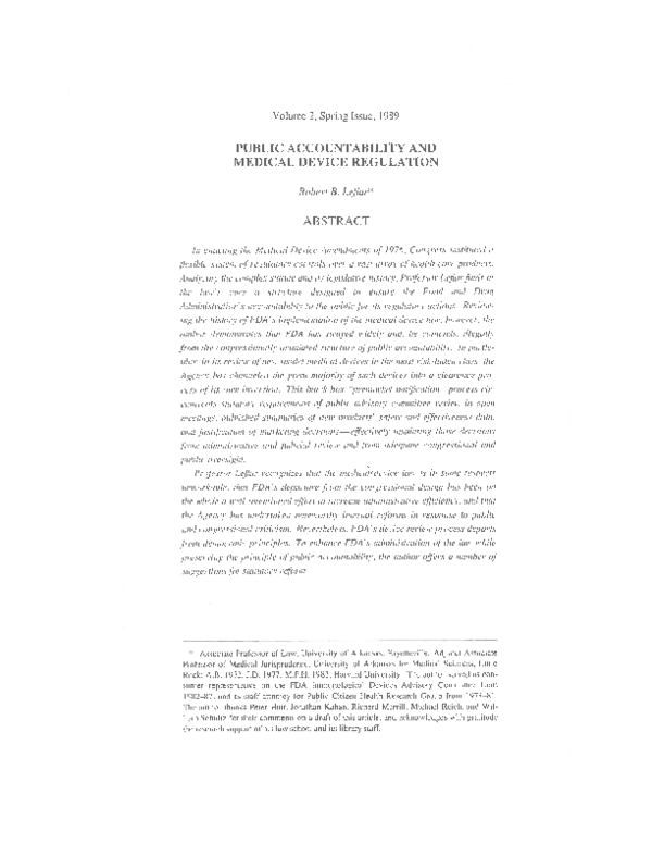 (PDF) Public Accountability and Medical Device Regulation