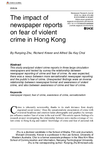 (PDF) The impact of newspaper reports on fear of violent crime in Hong Kong
