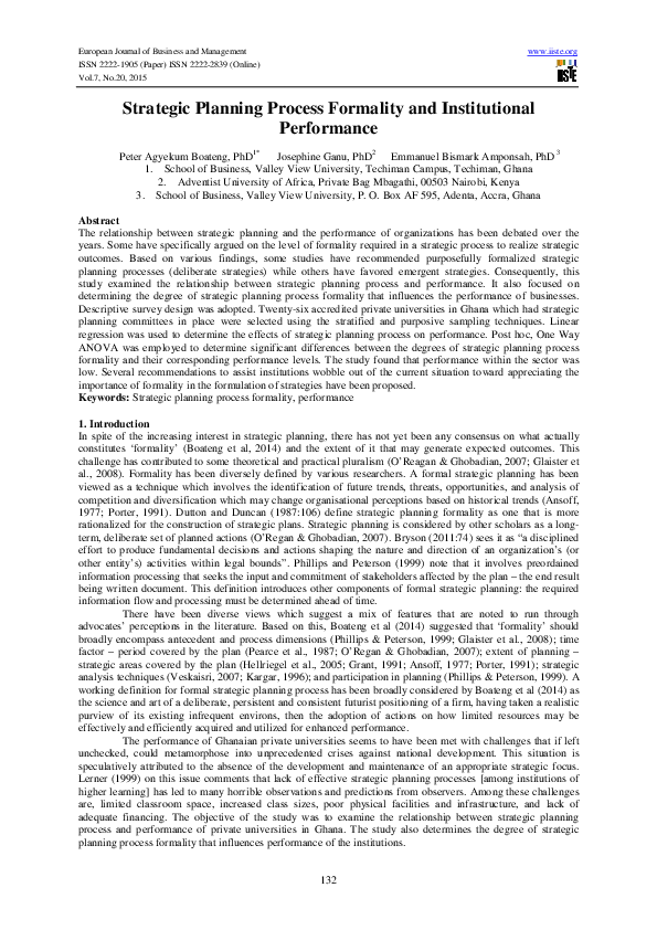 (PDF) Strategic Planning Process Formality and Institutional Performance