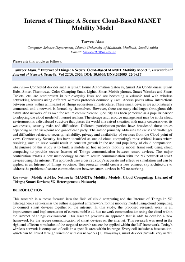 (PDF) Internet of Things: A Secure Cloud-based MANET Mobility Model
