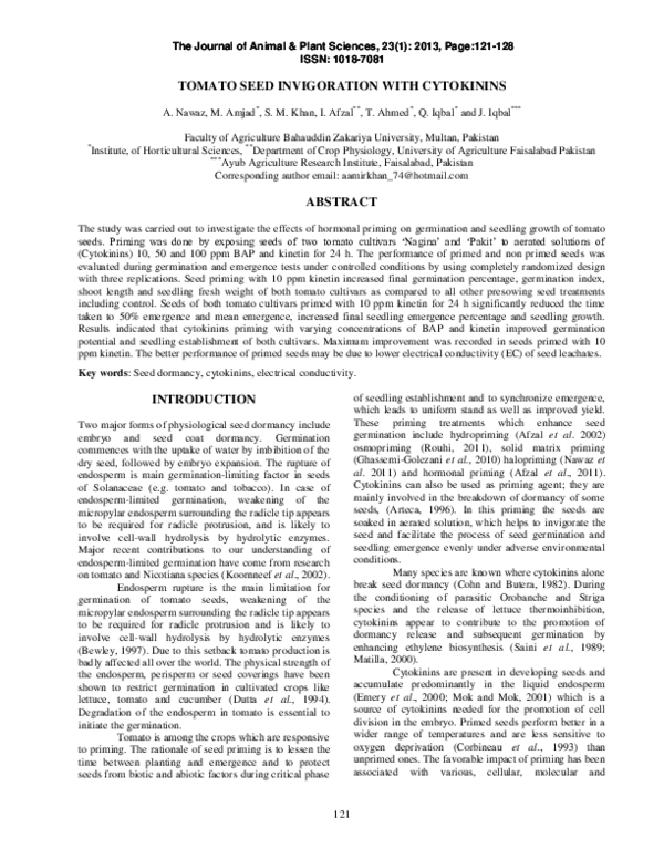 (PDF) Tomato Seed Invigoration with Cytokinins