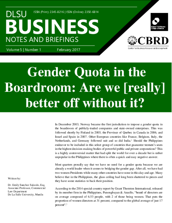 (PDF) Gender Quota in the Boardroom: Are we [really] better off without it?