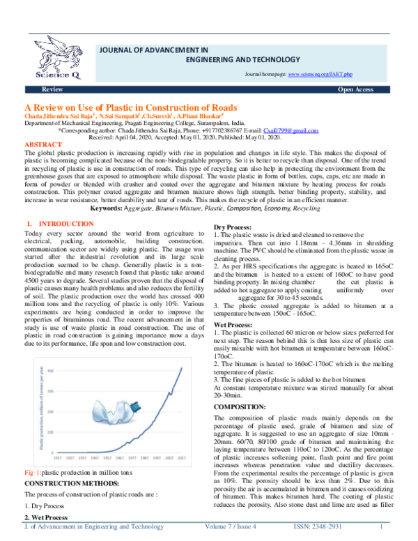 (PDF) Review A Review on Use of Plastic in Construction of Roads