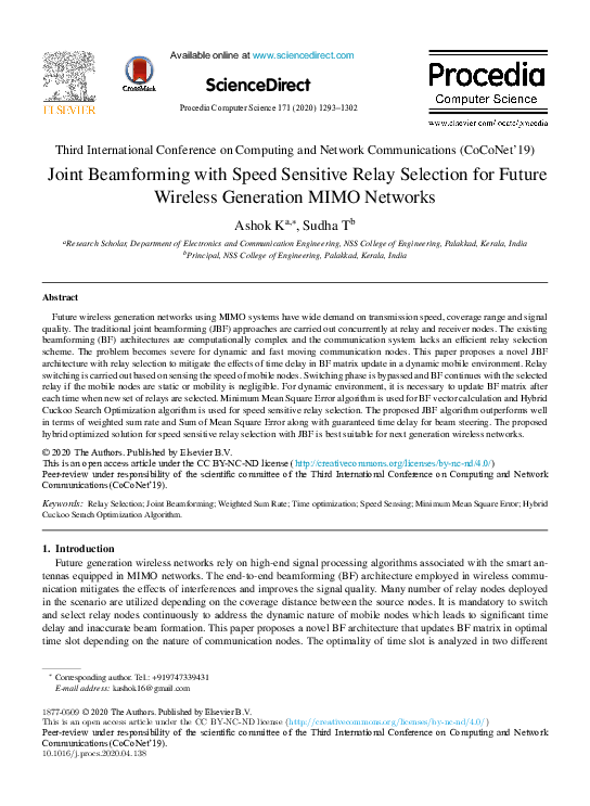 (PDF) Joint Beamforming with Speed Sensitive Relay Selection for Future Wireless Generation MIMO ...