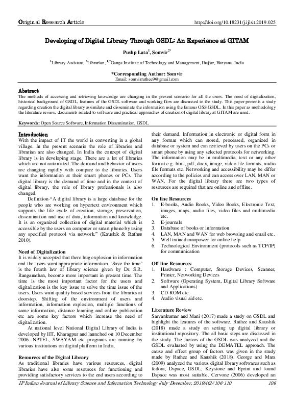 (PDF) Developing of Digital Library Through GSDL: An Experience at GITAM