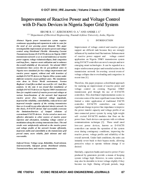 (PDF) Improvement of Reactive Power and Voltage Control with D-Facts Devices in Nigeria Super ...
