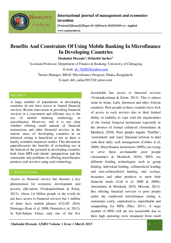 (PDF) Benefits And Constraints Of Using Mobile Banking In Microfinance ...