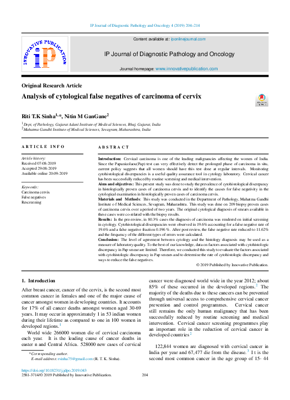 (PDF) Analysis of cytological false negatives of carcinoma of cervix