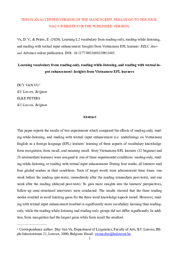 (PDF) Learning vocabulary from reading-only, reading-while-listening, and reading with textual ...
