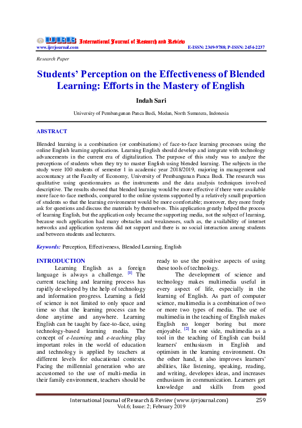 (PDF) Students' Perception on the Effectiveness of Blended Learning: Efforts in the Mastery of ...