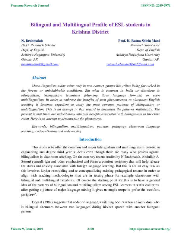 (PDF) Bilingual and Multilingual Profile of ESL students in Krishna ...