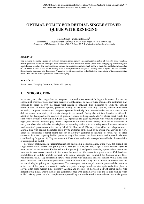 (PDF) OPTIMAL POLICY FOR RETRIAL SINGLE SERVER