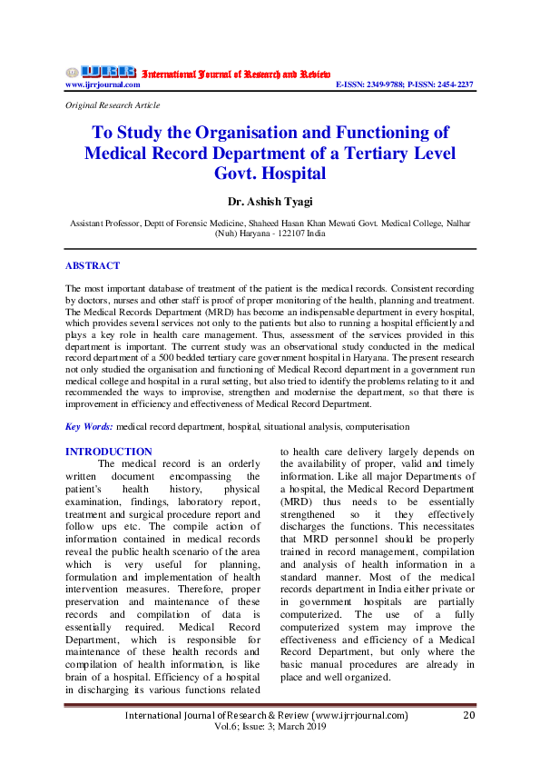 (PDF) To Study the Organisation and Functioning of Medical Record ...