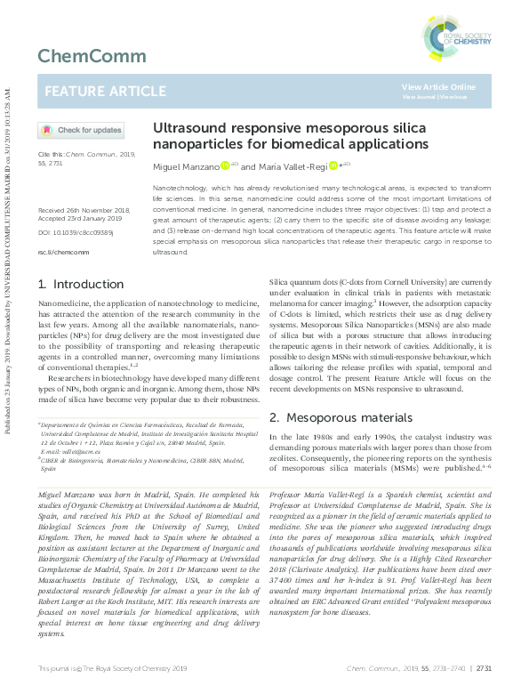 (PDF) Ultrasound responsive mesoporous silica nanoparticles for biomedical applications