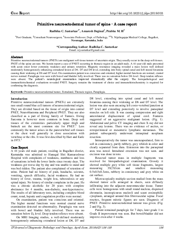 Pdf Primitive Neuroectodermal Tumor Of Spine A Case Report Ip Innovative Publication Pvt