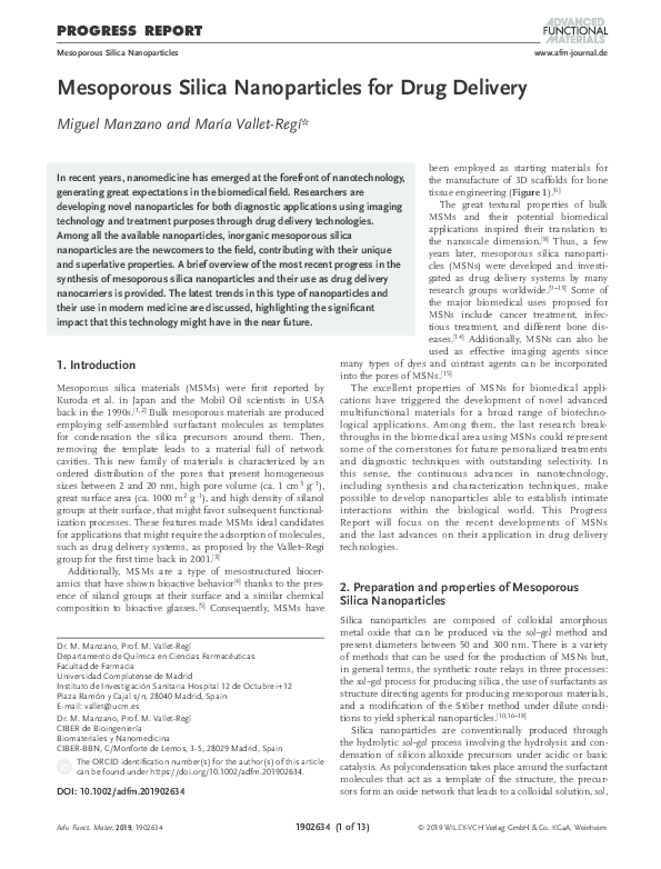 (PDF) PROGRESS REPORT www.afm-journal.de Mesoporous Silica Nanoparticles for Drug Delivery