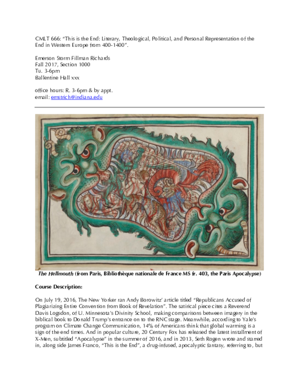 (PDF) Sample Syllabus: (CMLT-xxx) This is the End: Literary, Theological, Political, and ...