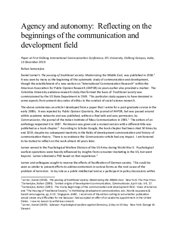 (DOC) Agency and autonomy: Reflecting on the beginnings of the ...