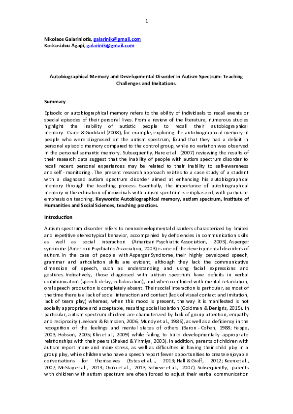 (DOC) Autobiographical Memory and Developmental Disorder in Autism ...