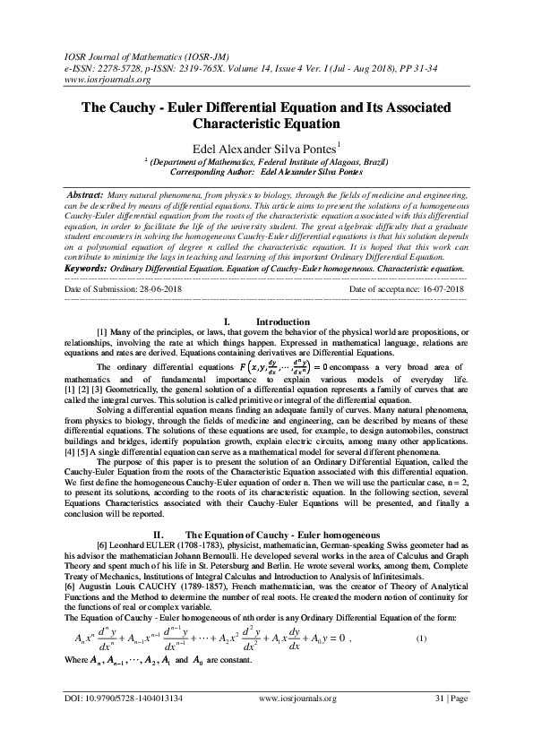 Pdf The Cauchy Euler Differential Equation And Its Associated Characteristic Equation