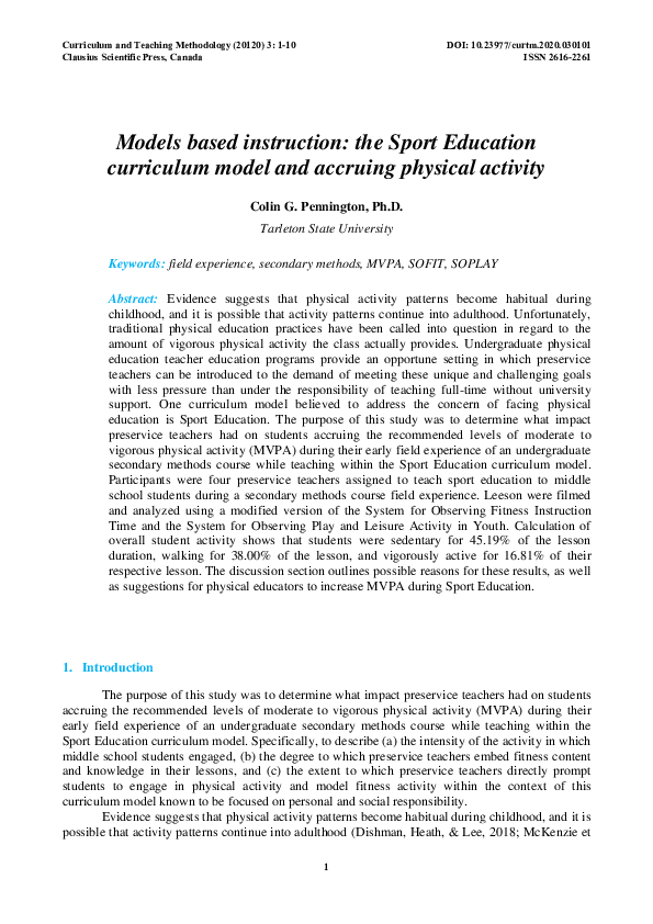 (PDF) Models based instruction: the Sport Education curriculum model ...