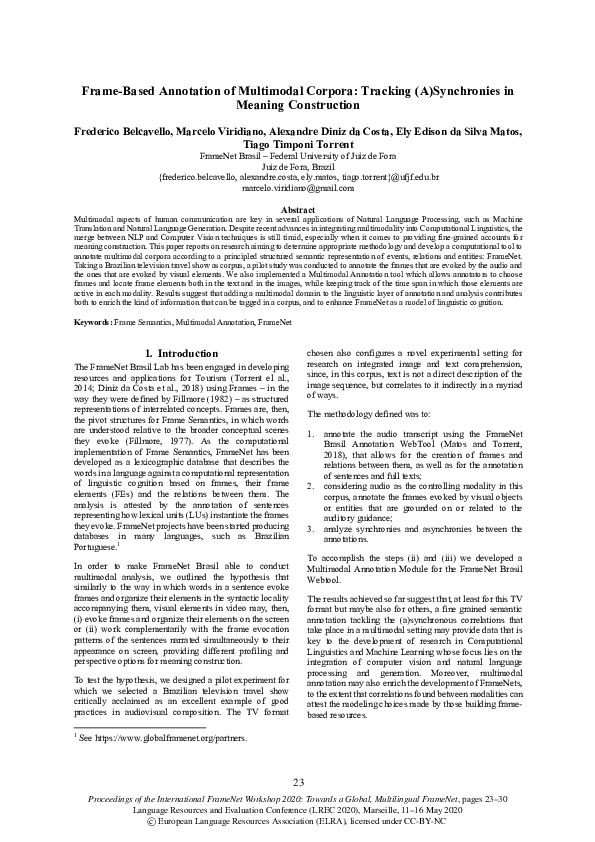 (PDF) Frame-Based Annotation of Multimodal Corpora: Tracking (A)Synchronies in Meaning Construction