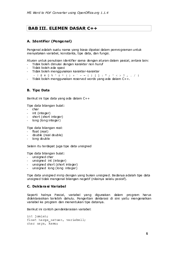 (PDF) BAB III. ELEMEN DASAR C++ A. Identifier (Pengenal