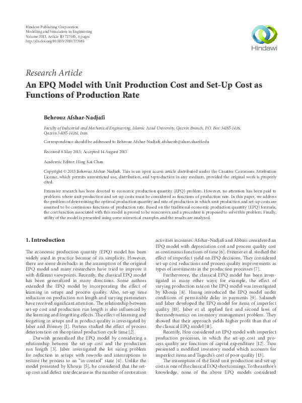 (PDF) An EPQ Model with Unit Production Cost and Set-Up Cost as ...